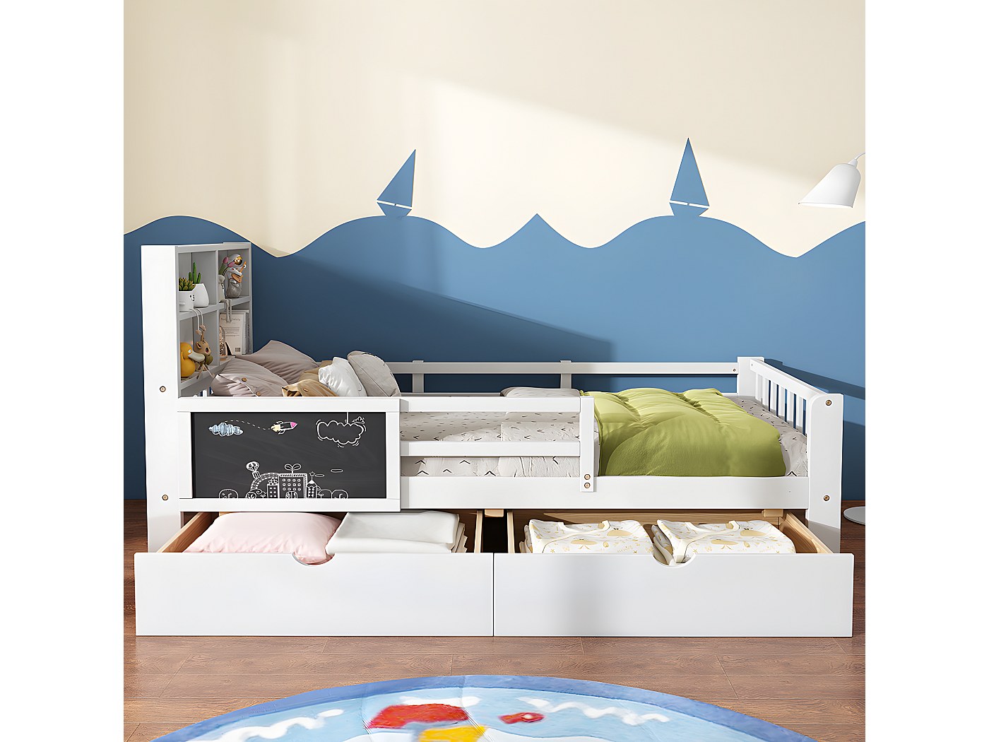 Lit cabane 90x200 cm - Lit avec tiroirs et tableau blanc - Sweiko