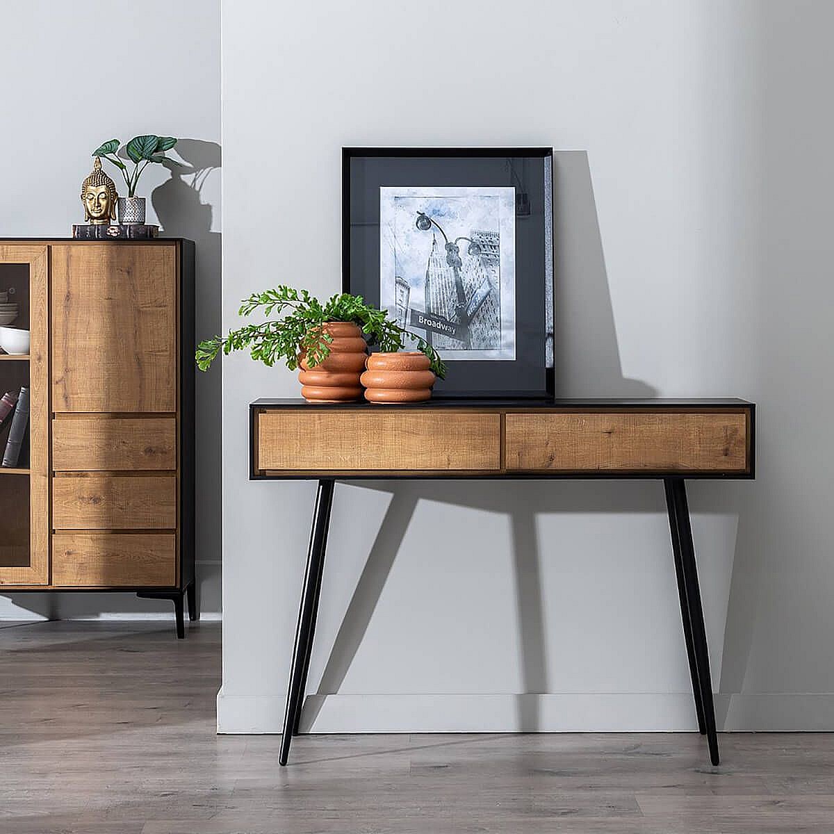 KEVIN - Console 2 Tiroirs Aspect Bois Noir et Naturel