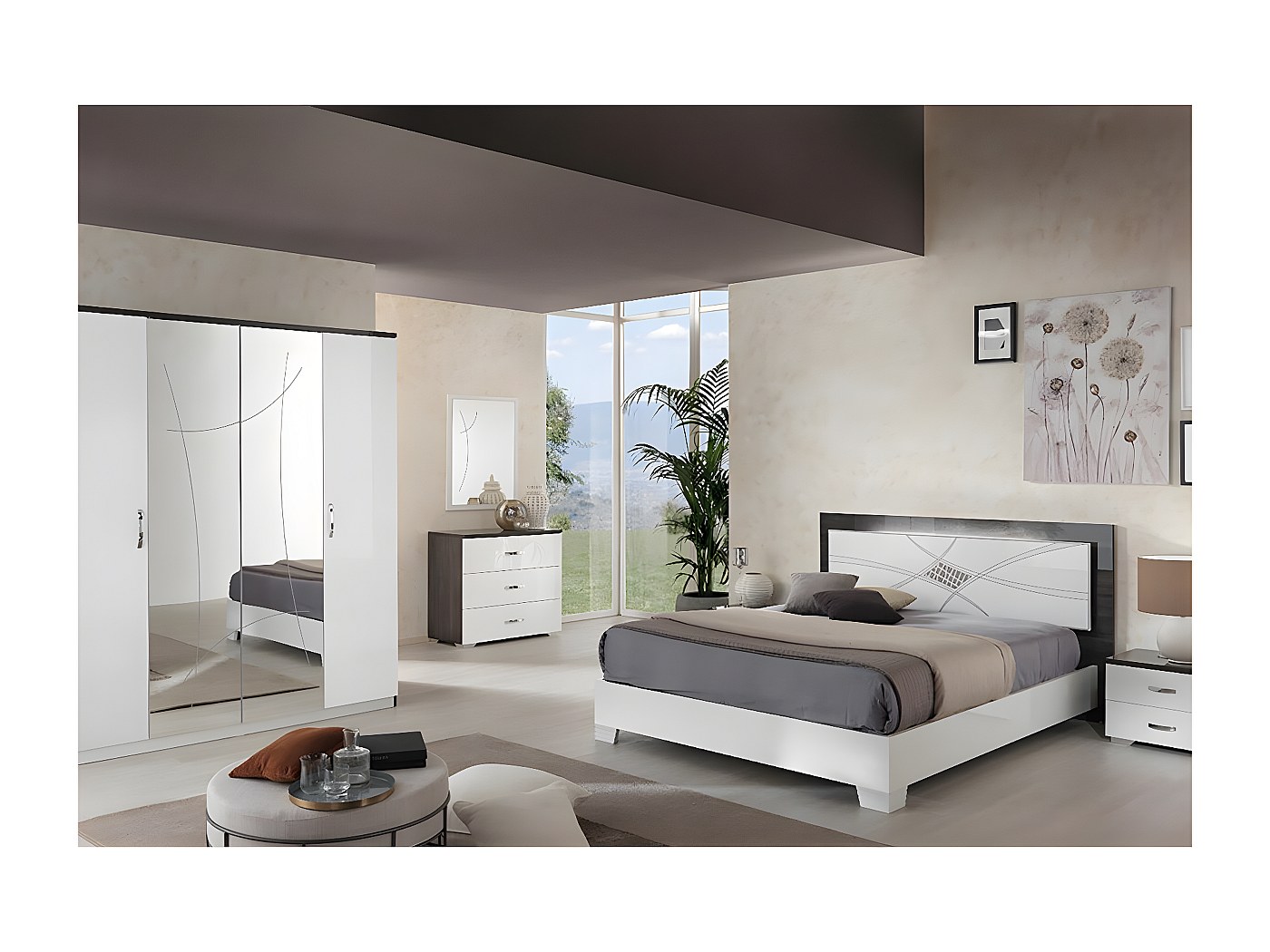 LUCIA - Chambre Complète 160x200cm Laqué Blanc et Chêne Anthracite