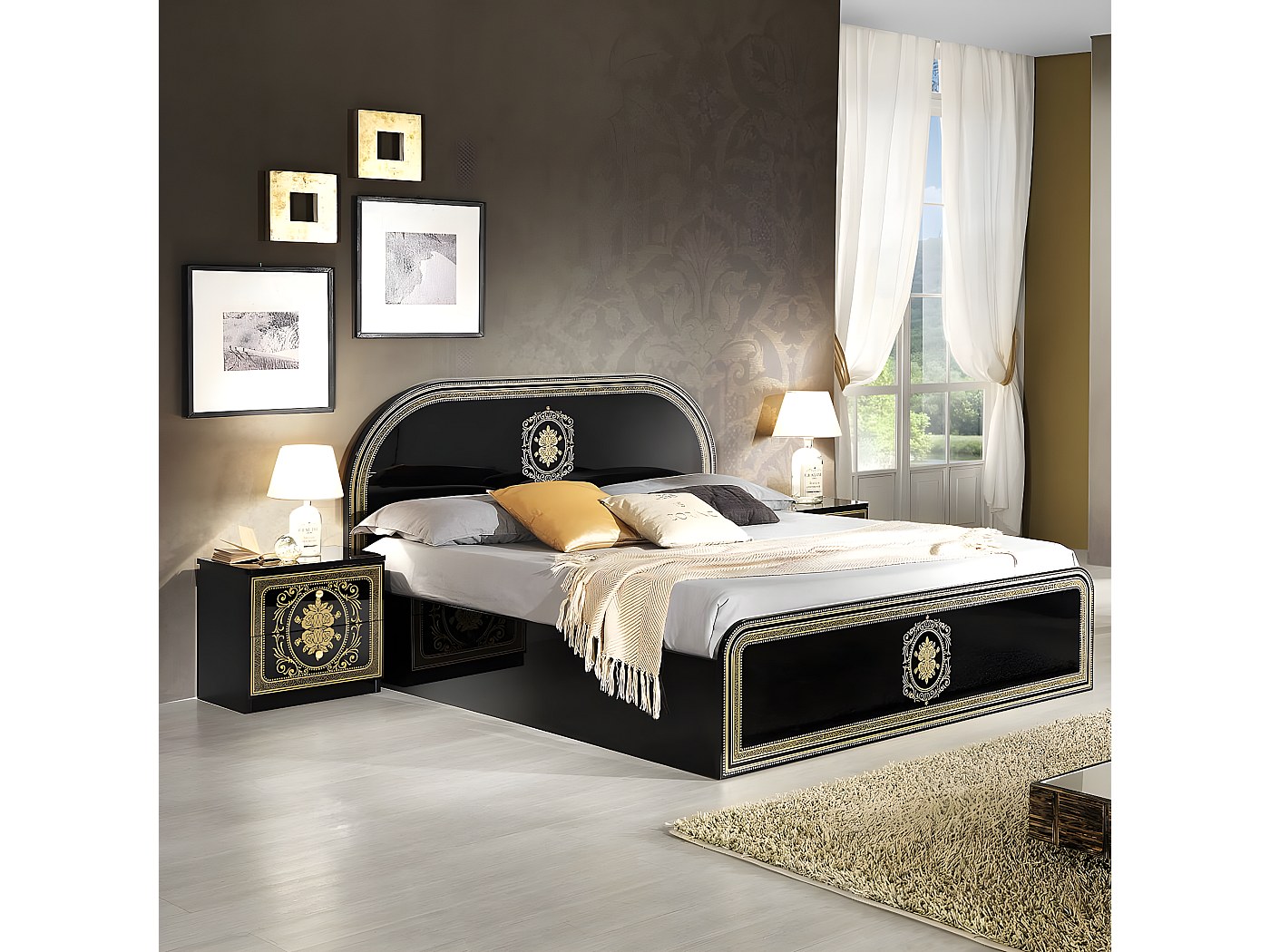 SOLAYA NOIRE - Ensemble Lit 160x200cm et 2 Chevets