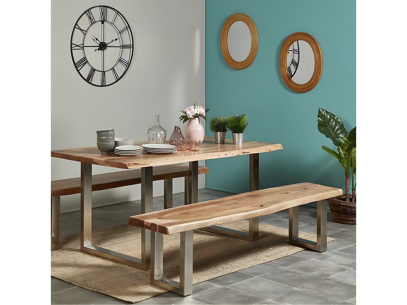 JAIPUR - Table 160cm + 2 Bancs Acacia et Métal Chromé Piètement U
