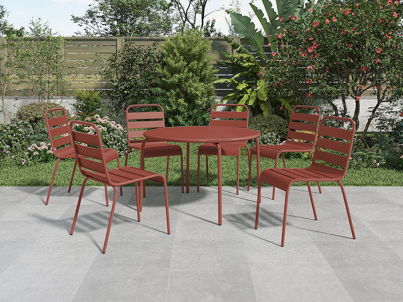 Zestaw mebli jadalnianych ogrodowych z terakotowego metalu stół i 6 sztaplowanych krzeseł ...