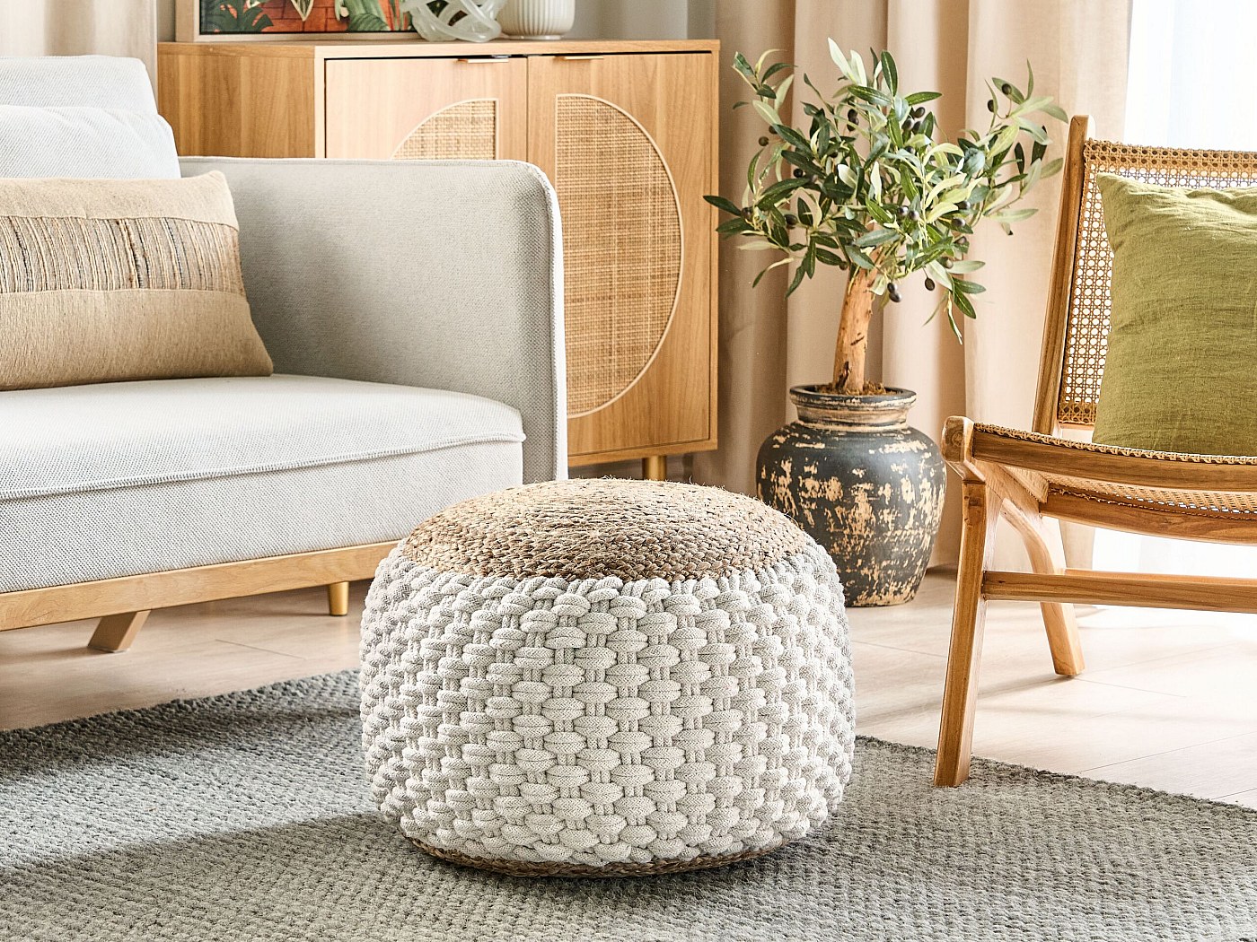 Pouf tricoté en coton blanc et beige ⌀ 50 cm AIZA