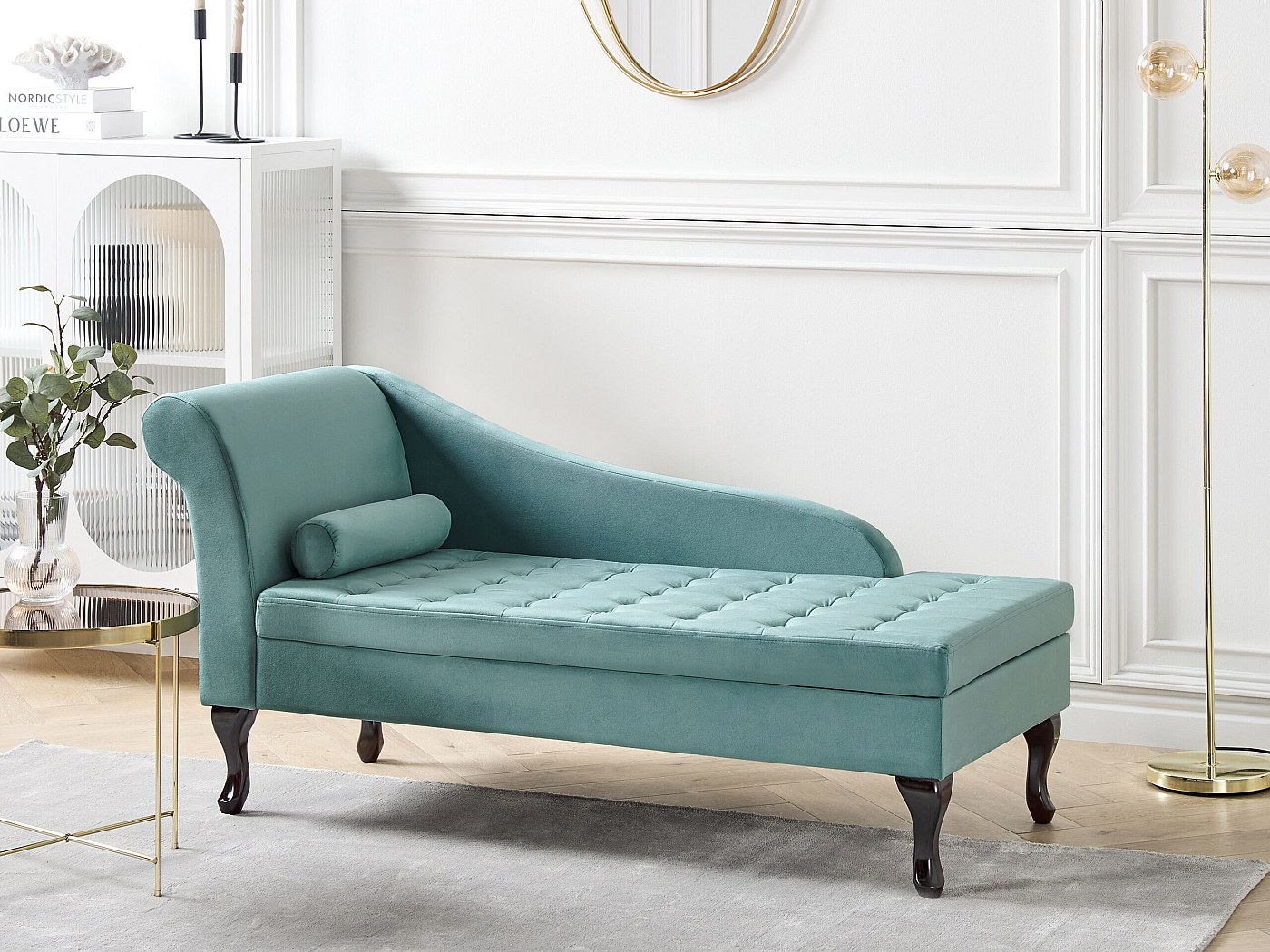 Szezlong welurowy ze schowkiem lewostronny lazurowy PESSAC