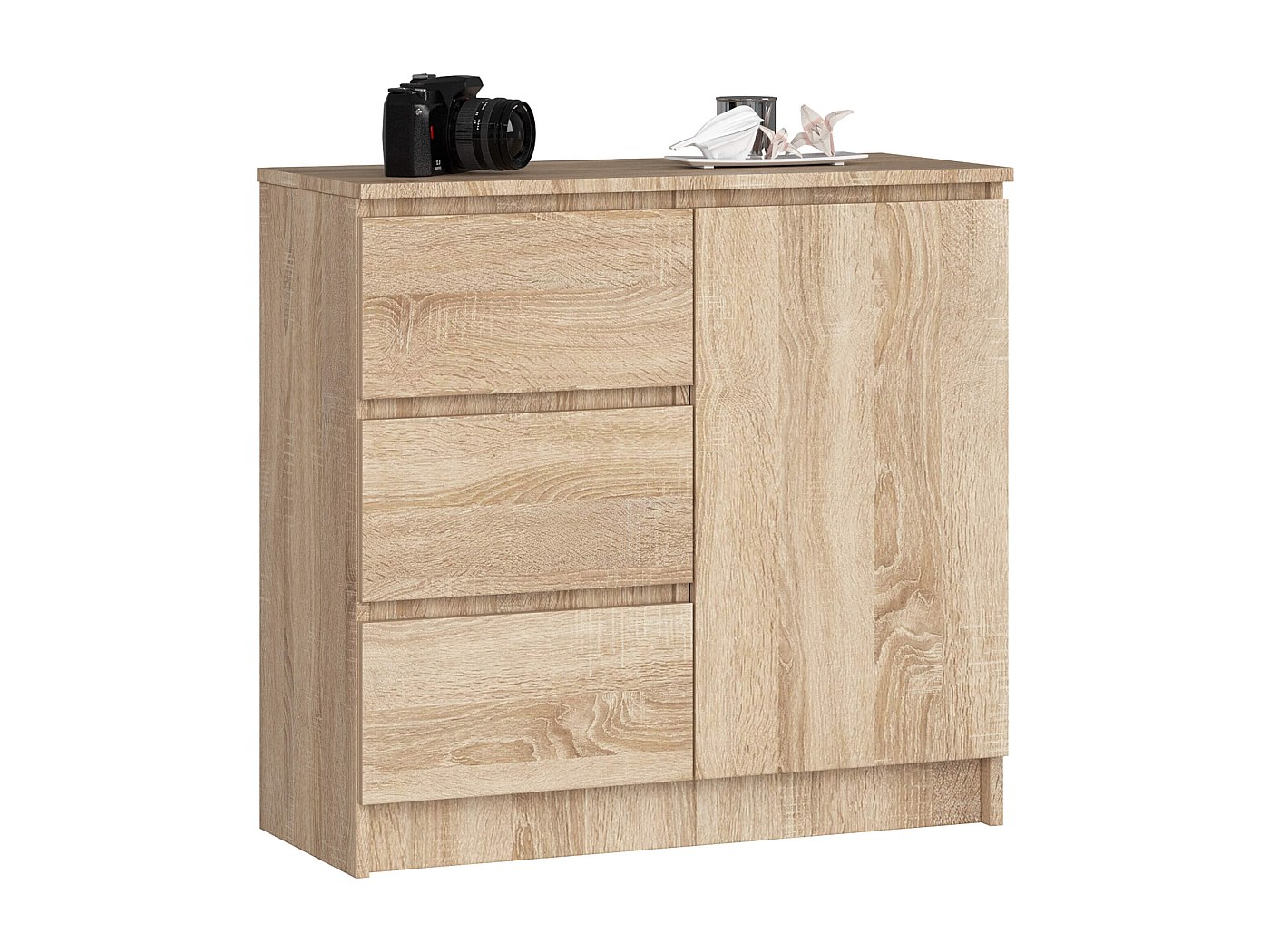 Commode AKORD JERRY Chêne Sonoma 80 cm 1 porte 3 tiroirs façade Chêne ...