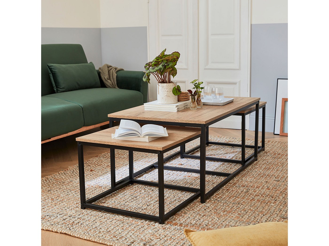 Mesa nido encastrable de metal y efecto madera, set de 3 madera