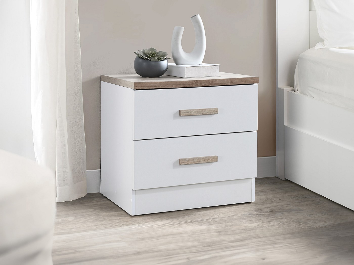 Table de chevet lot de 2 avec 2 tiroirs coloris blanc et naturel - SKAIDO