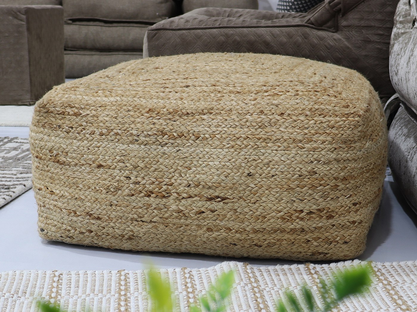 Poef van gevlochten rotan en katoen, licht naturel REVADRI