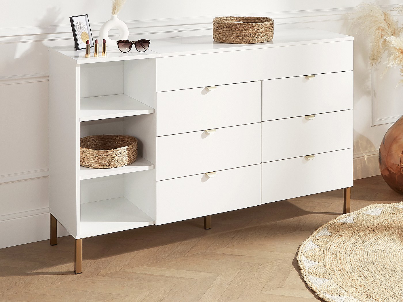 Commode 6 tiroirs 3 niches et 1 coffre avec miroir coloris blanc - ONISHA