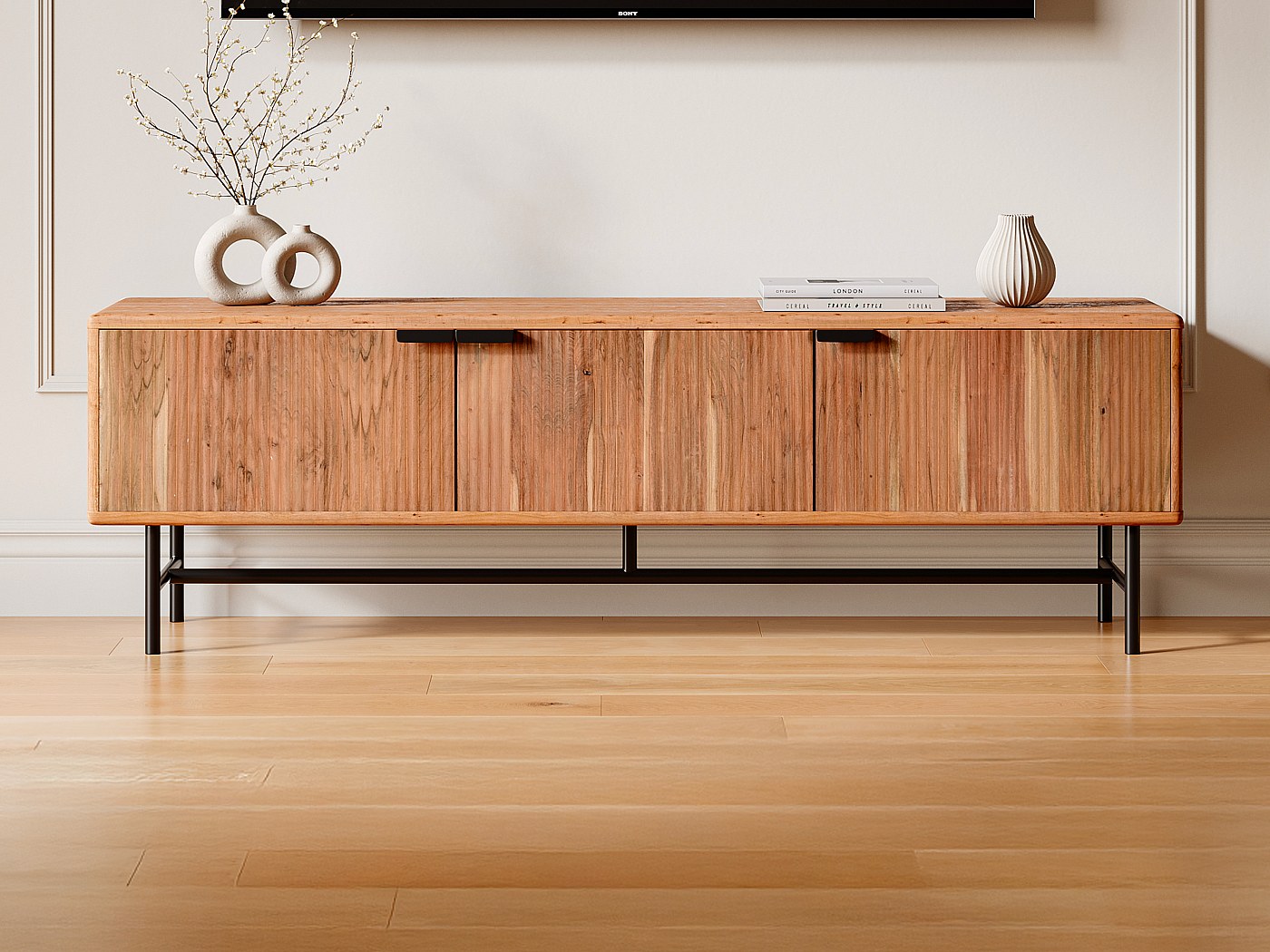 Mueble TV con 3 puertas de madera de acacia y metal negro - Natural ...