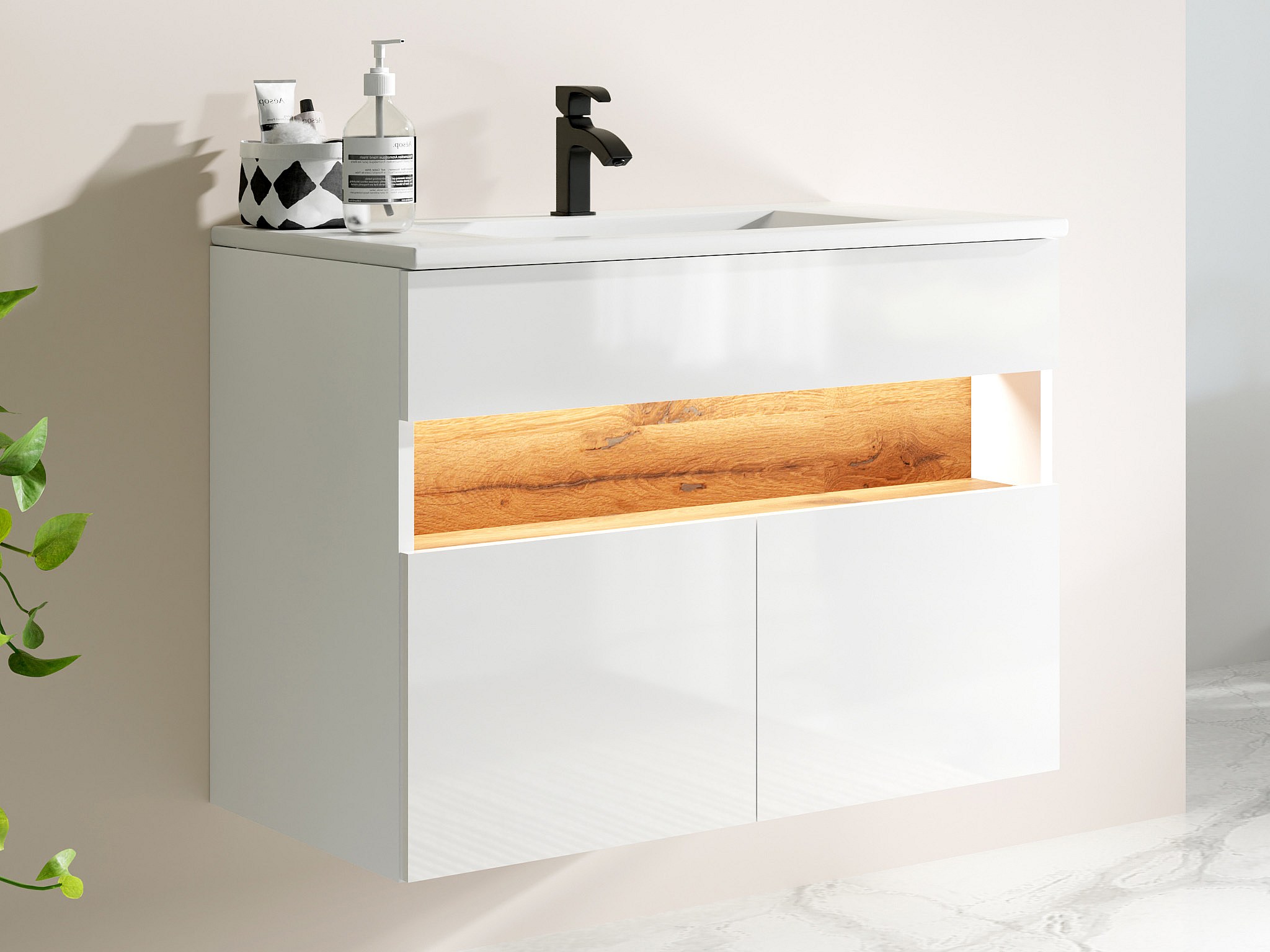 Mueble de baño con LEDs, lavabo empotrado, blanco y natural oscuro, 80 ...