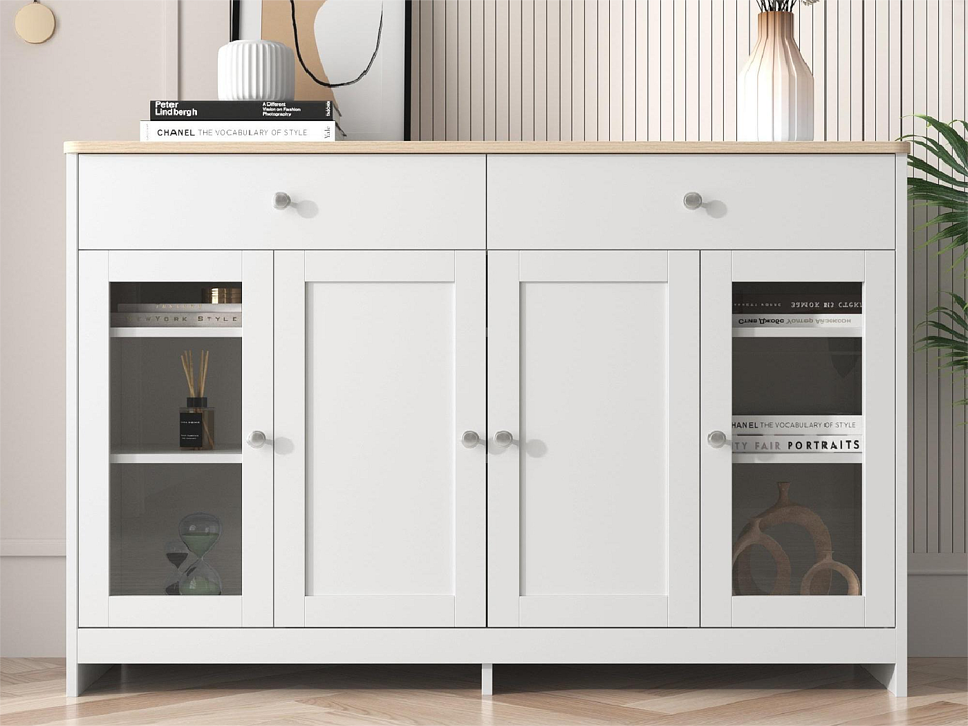 Credenza bassa con 4 ante 3 cassetti - legno MDF e vetro - per cucina o ...
