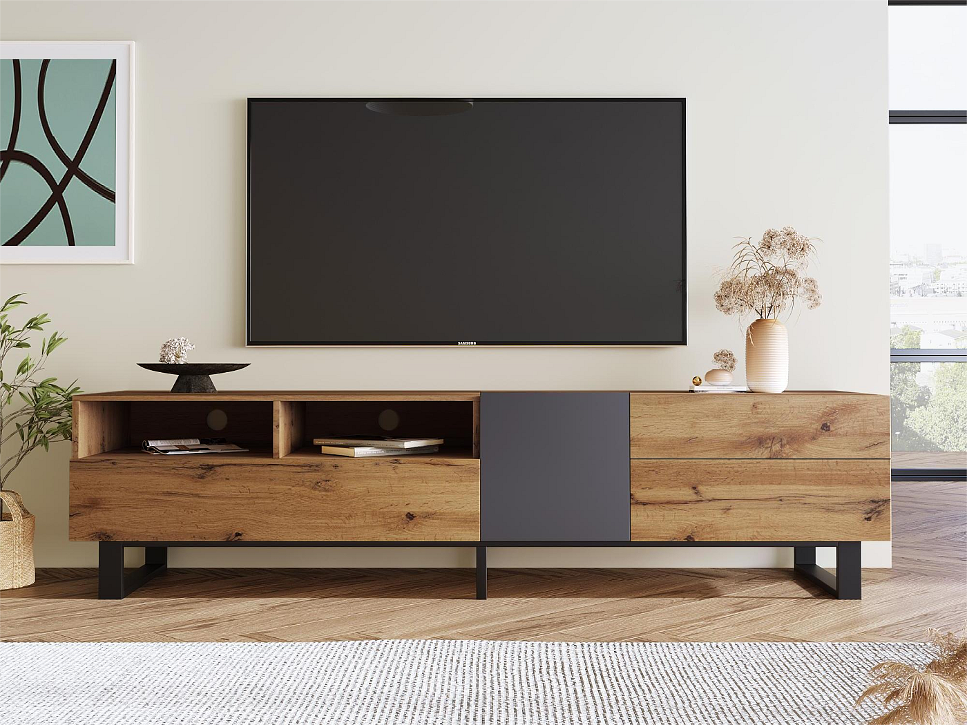 Móvel de TV moderno com 2 portas, 2 gavetas e 2 nichos - madeira MDF e ...