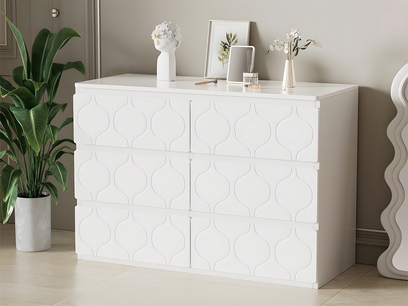Commode moderne à motif ondulé - avec 6 tiroirs - façades laquées - Blanc