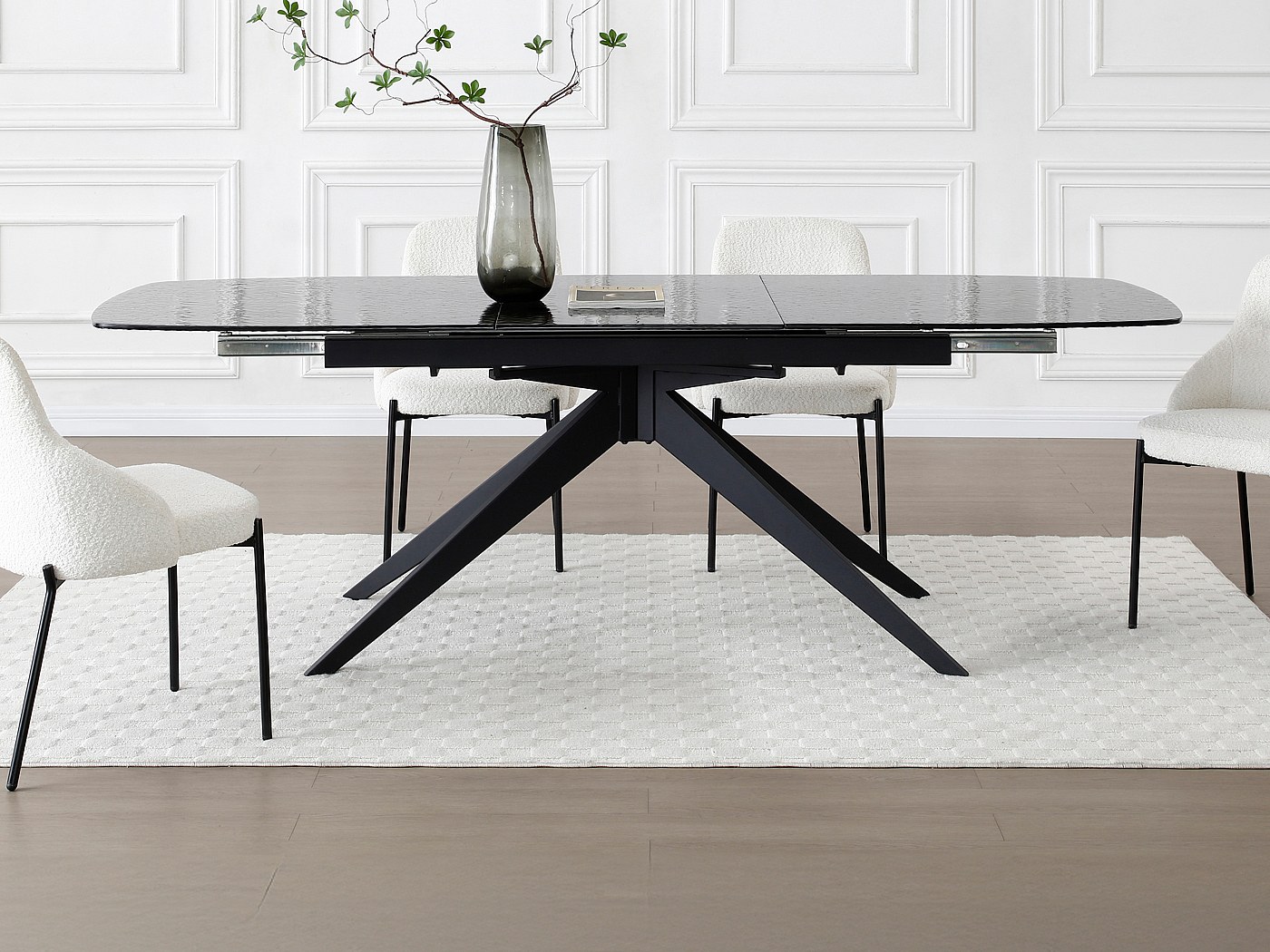 Table à manger extensible en verre trempé bullé et métal - Noir ...