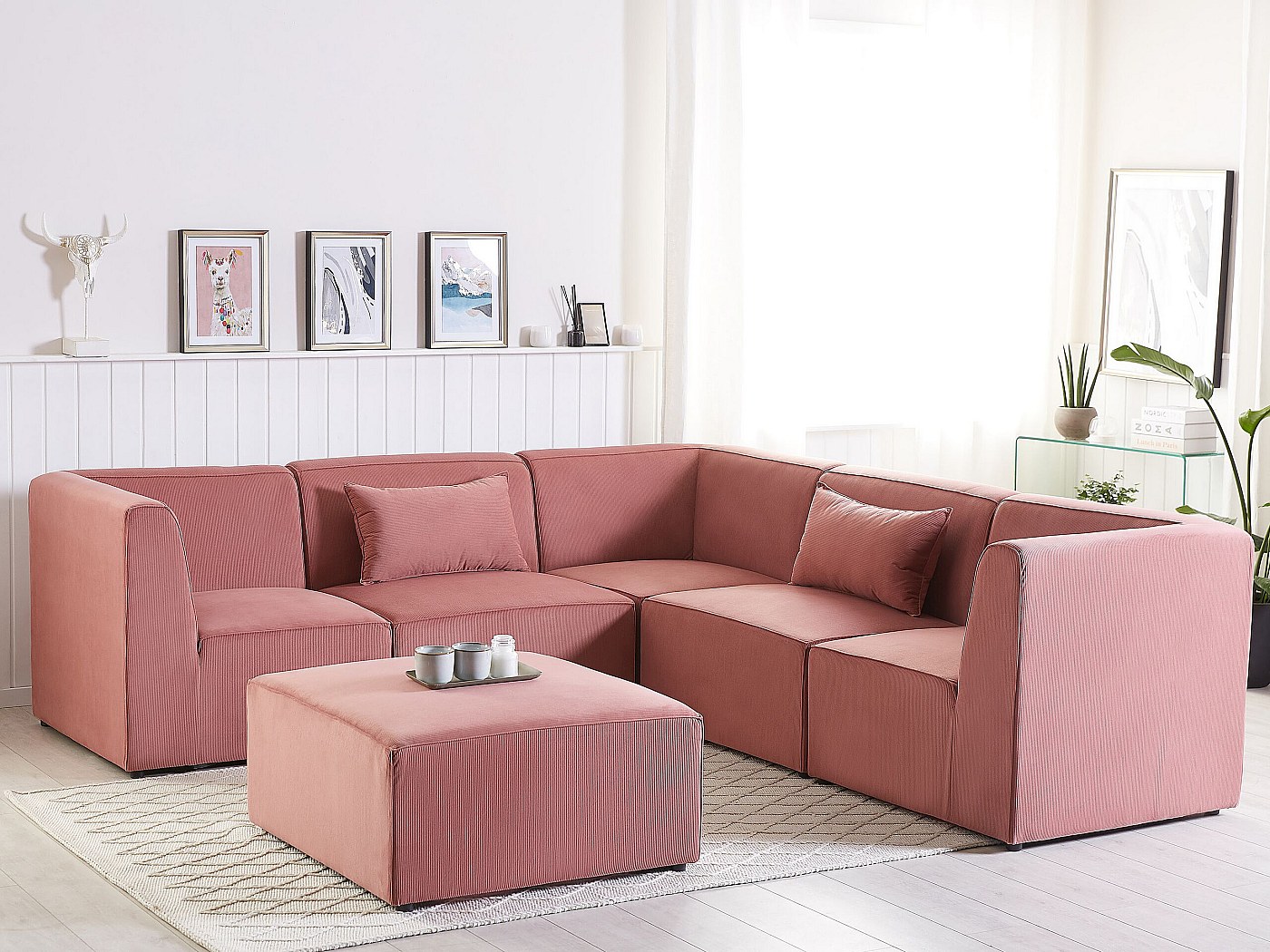 Divano angolare 5 posti con ottomana velluto a coste rosa sinistro LEMVIG