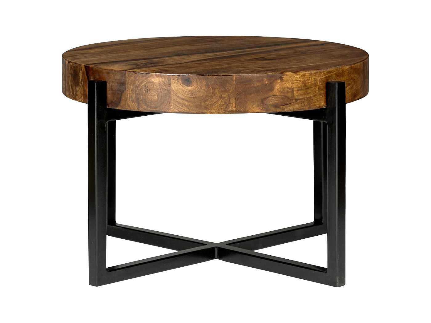 Table basse rustique bois de sheesham pieds en acier Ø 50x32 cm