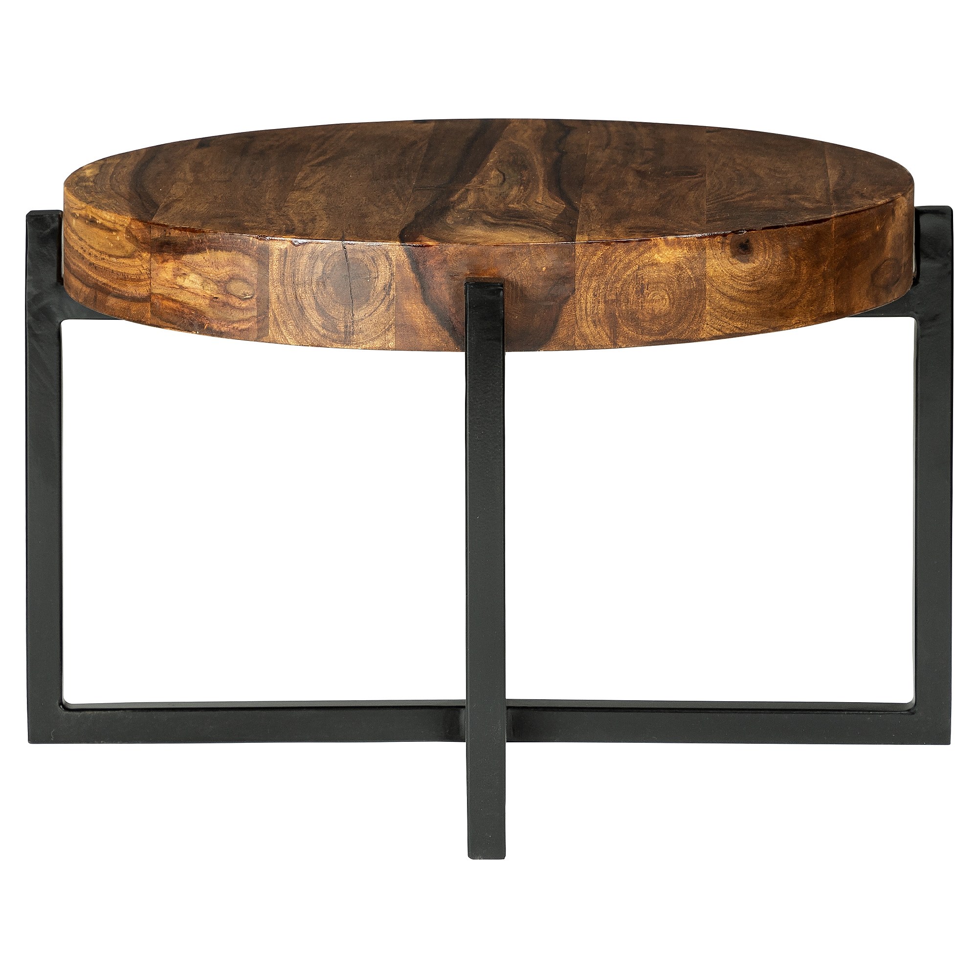 Table basse rustique bois de sheesham pieds en acier Ø 50x32 cm