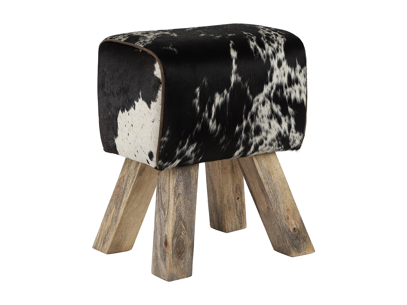 Tabouret petit en cuir de buffle noir/blanc pieds bois 36x47x30 cm
