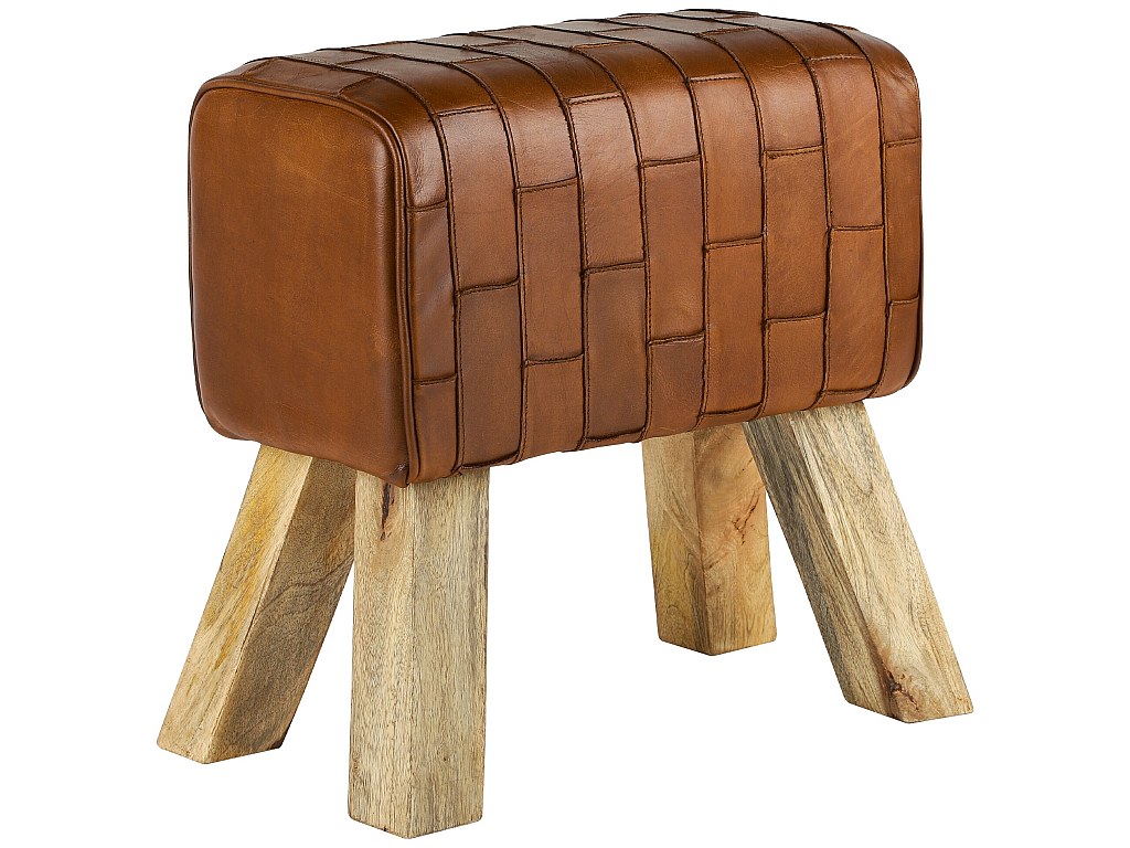 Tabouret en cuir de buffle et bois marron 48x48x30 cm
