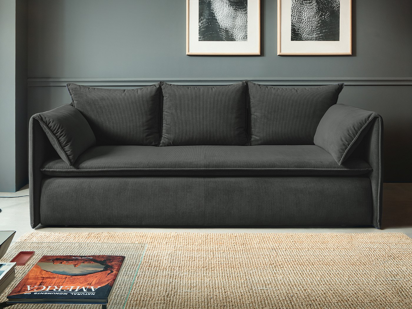 Canapé convertible 3 places en velours côtelé gris anthracite TEODORA