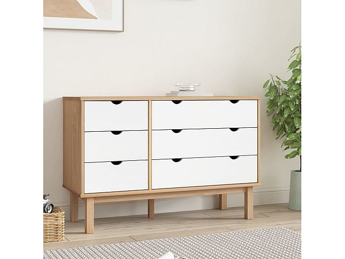 Commode basse OTTA Marron et blanc 111x42x73,5 cm Bois de pin massif ...