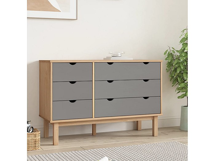 Commode basse OTTA Marron et gris 111x42x73,5 cm Bois de pin massif SBC1501