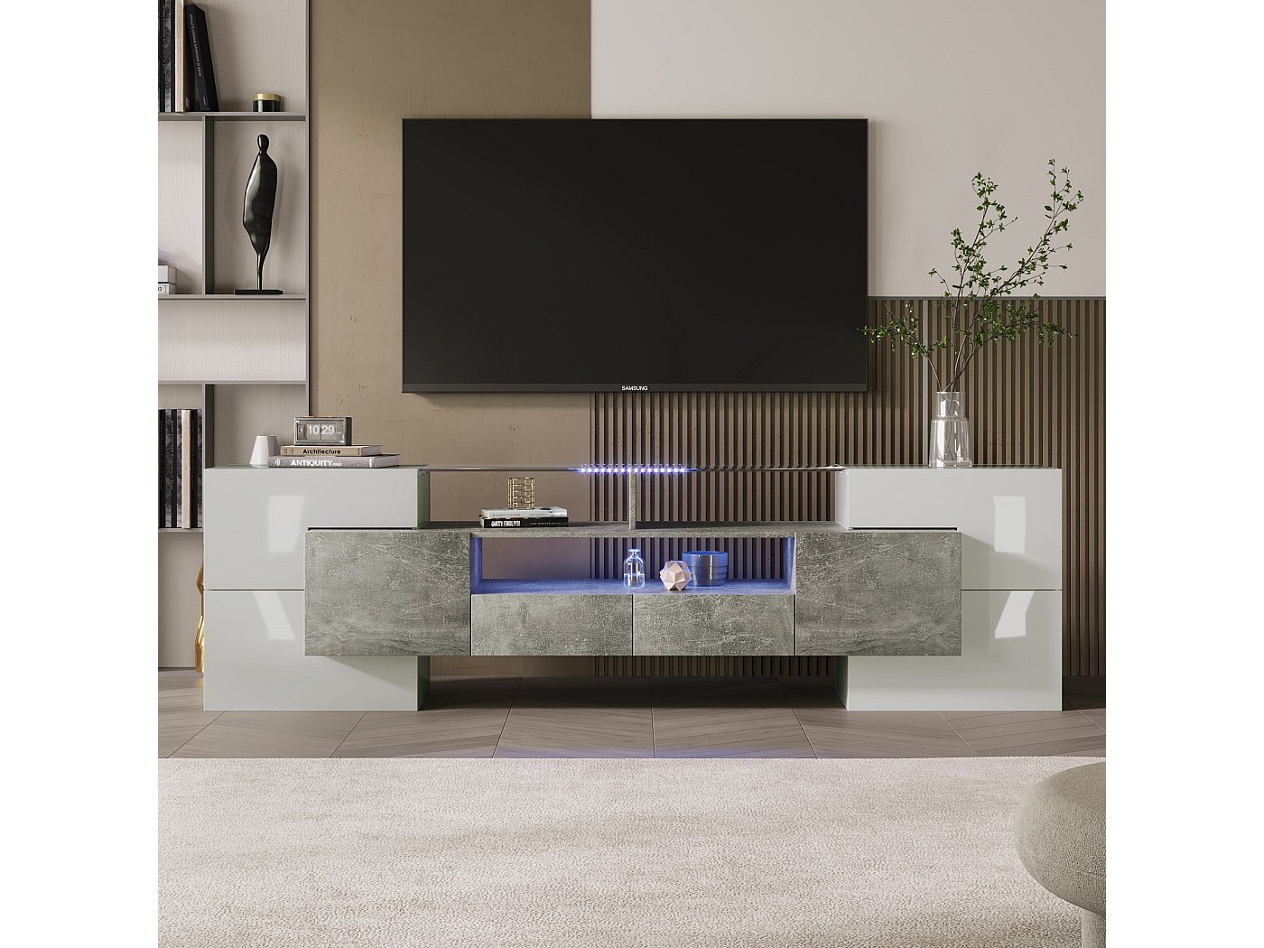 Móvel de TV moderno com 4 portas, 2 gavetas e 2 nichos - Aspecto branco ...