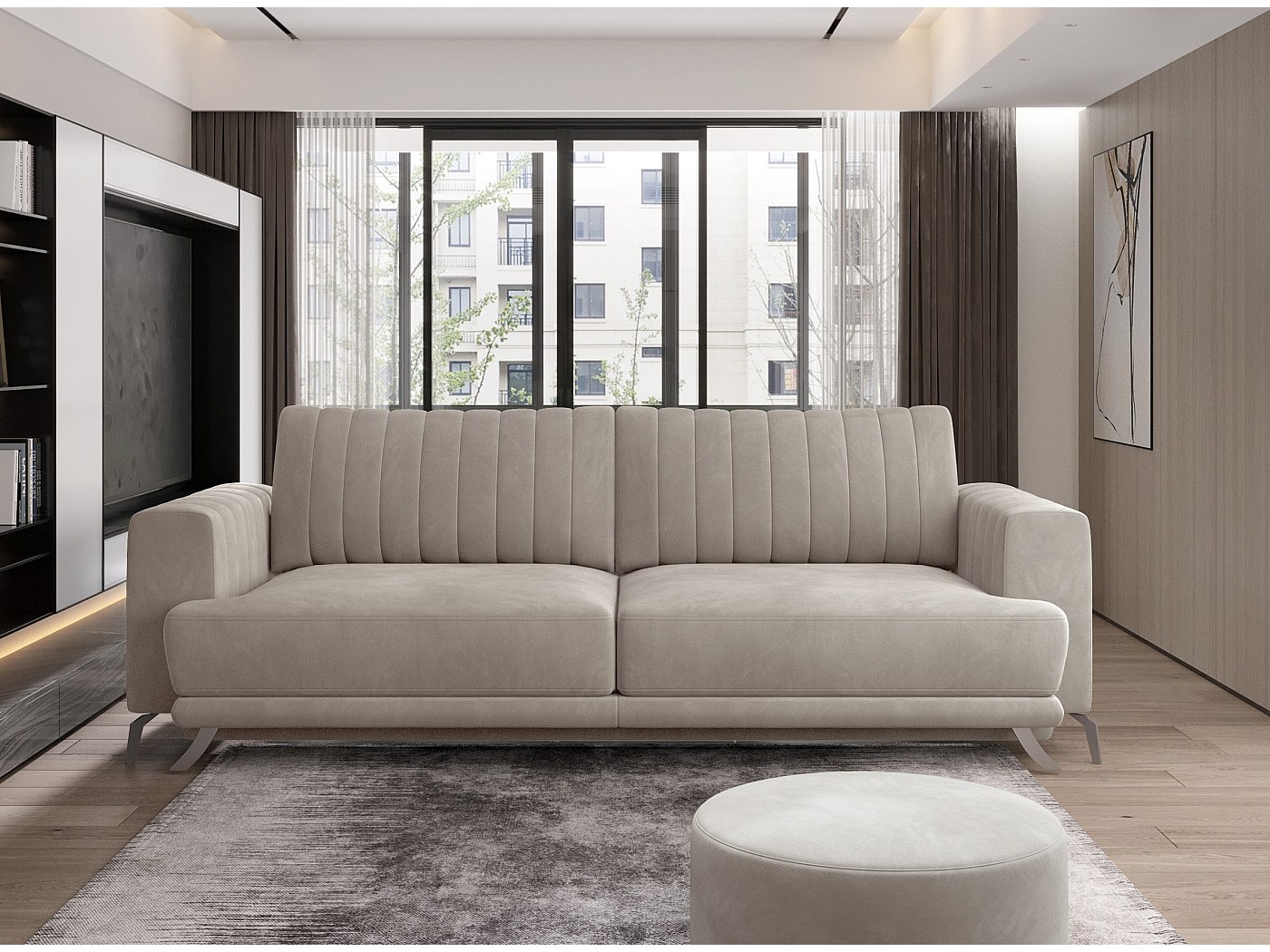 Canapé convertible design 3-4 places velours beige et pieds acier ...