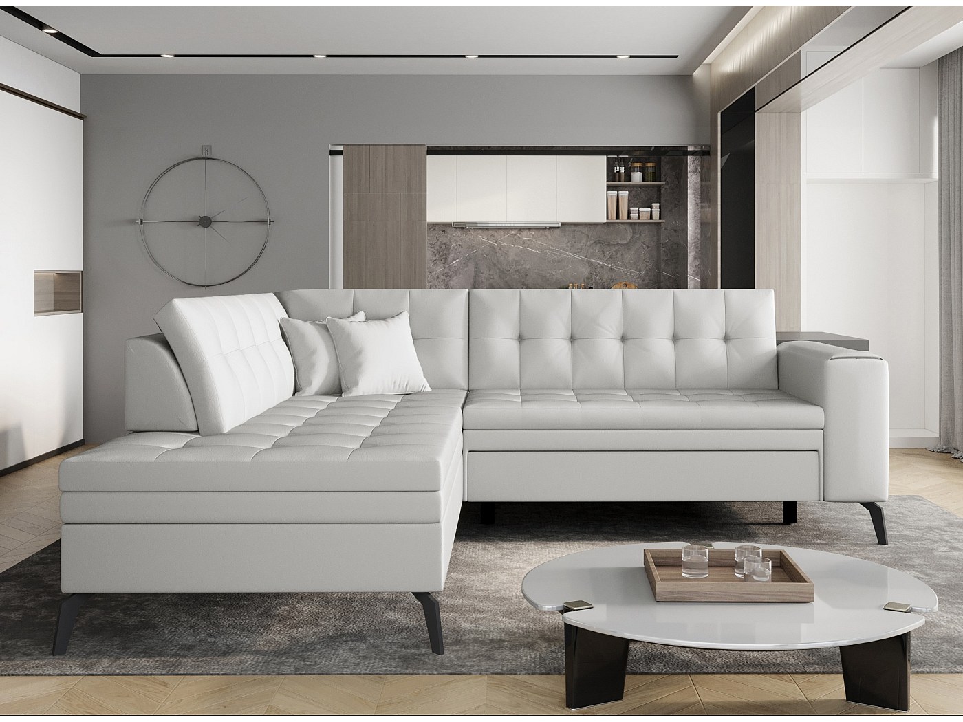 Canapé convertible capitonné angle gauche simili cuir blanc Larry 260cm