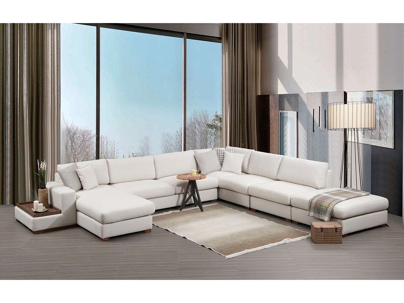 Canapé panoramique tissu beige clair avec étagère en bois et grande ...