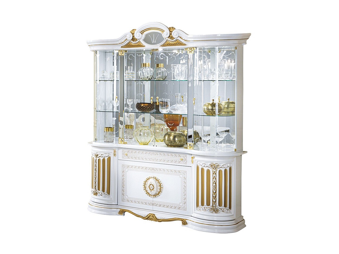 Vitrine 8 portes 1 tiroir bois vernis laqué brillant blanc et doré ...