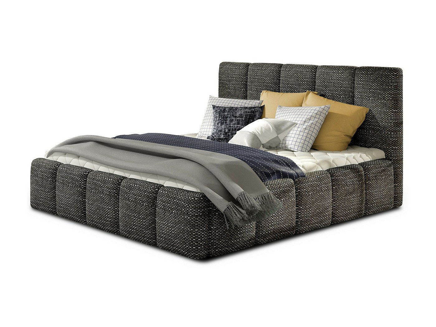Lit moderne capitonné tissu Vika-Couleur Noir chiné-Couchage 180x200 cm ...