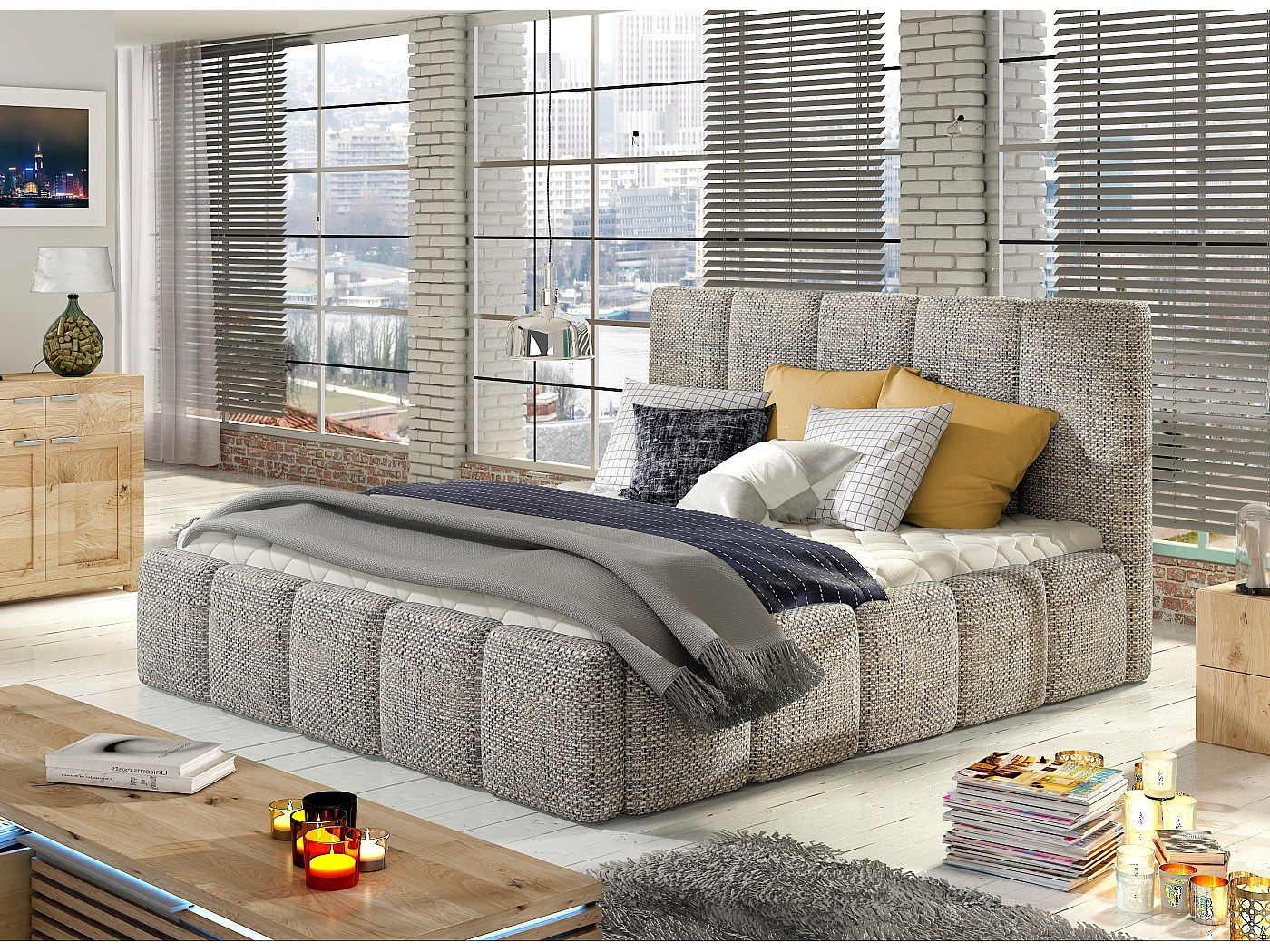 Lit moderne capitonné tissu Vika-Couleur Gris chiné-Couchage 140x200 cm ...