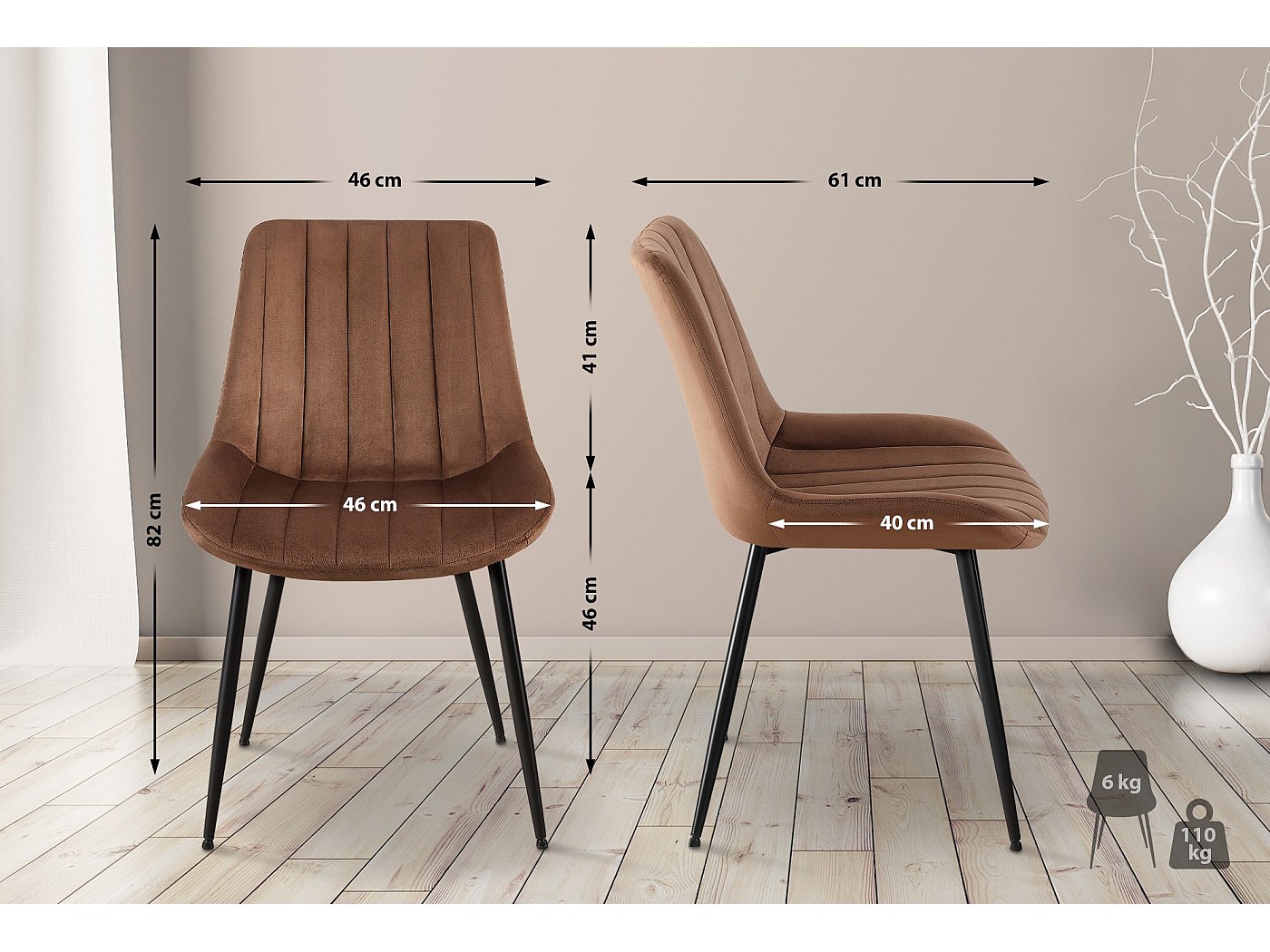 Lot de 2 Chaise de salle à manger - Velours & Métal noir mat - Marron ...