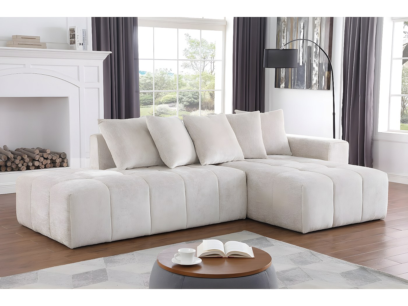 Divano ad angolo "Haussmann" in tessuto chenille beige a 3 posti con ...
