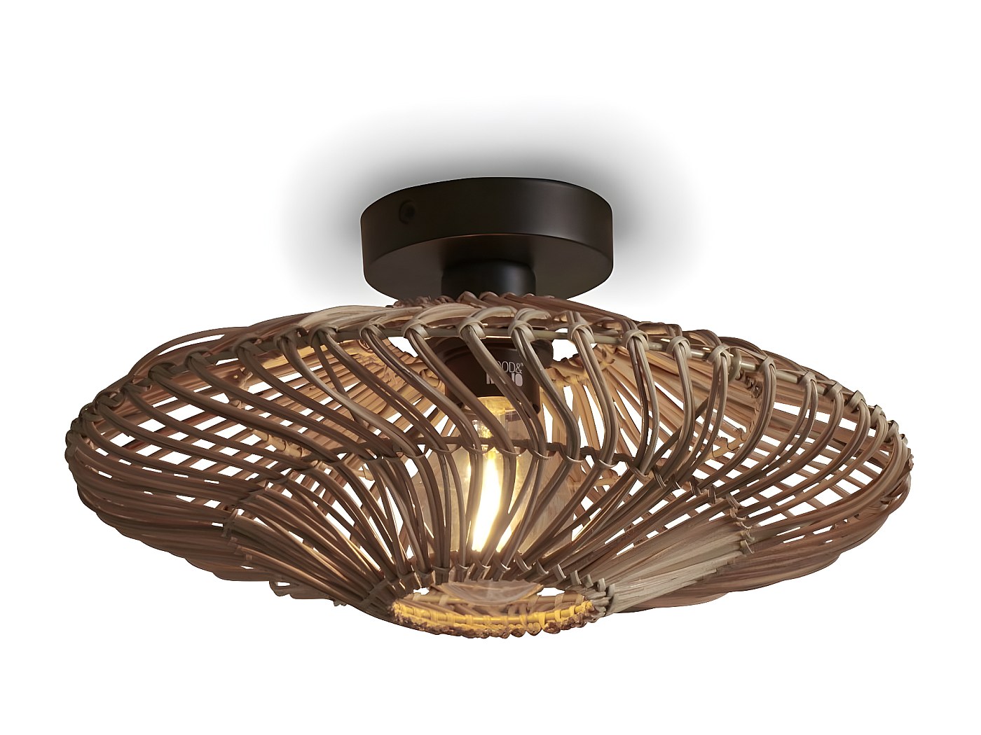 Ronde witte rotan plafondlamp met metalen voet