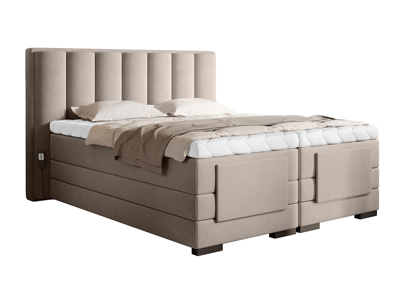Lit boxspring électrique velours beige avec matelas et surmatelas Arkos ...