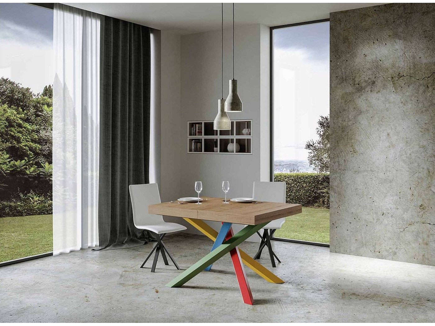 Table extensible design bois clair et pieds entrelacés multicouleurs L ...