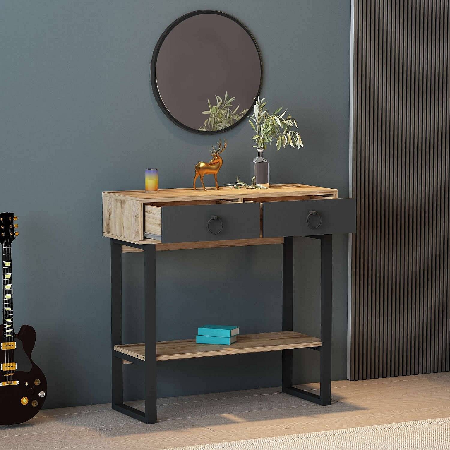 Console avec tiroirs et miroir Naihi Métal Noir et Bois foncé et Anthracite