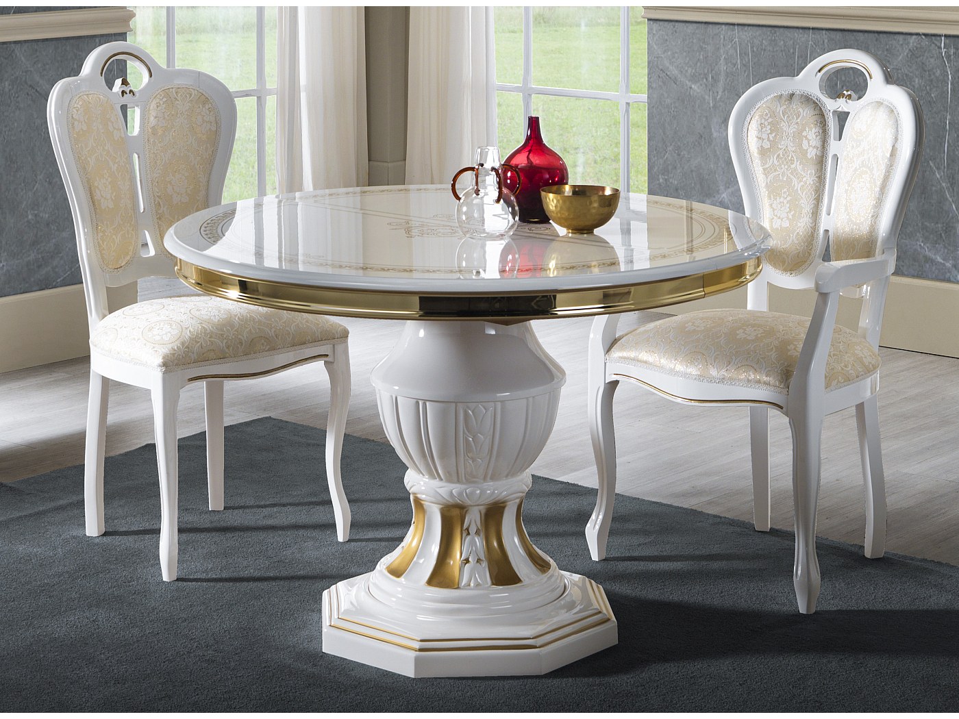 Table à manger ronde extensible bois vernis laqué brillant blanc et ...