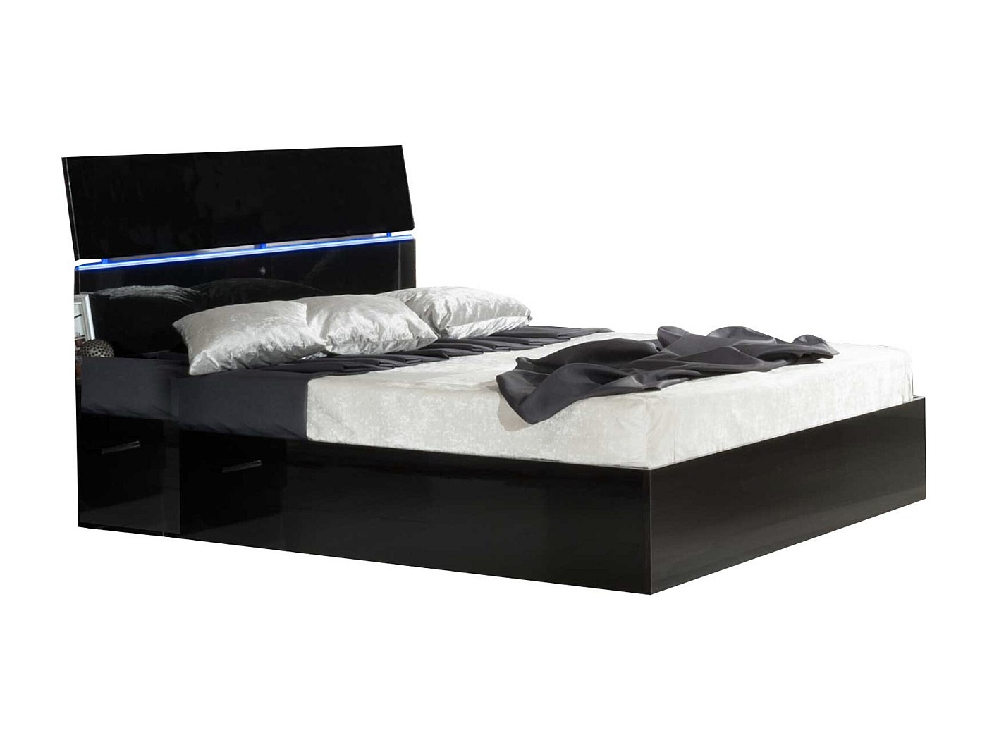 Lit moderne bois noir laqué et tête de lit noire laquée avec led Mona ...