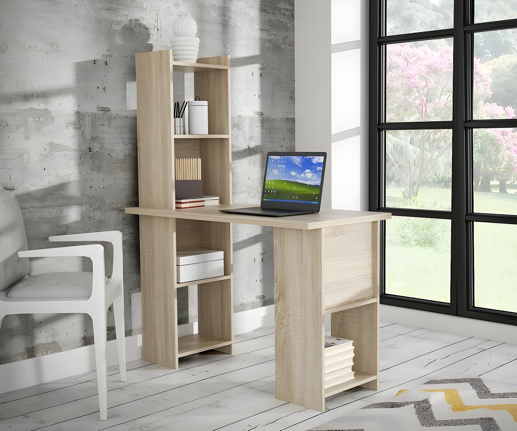 Bureau 6 étagères de rangement intégrées décor chêne clair - NORWAY