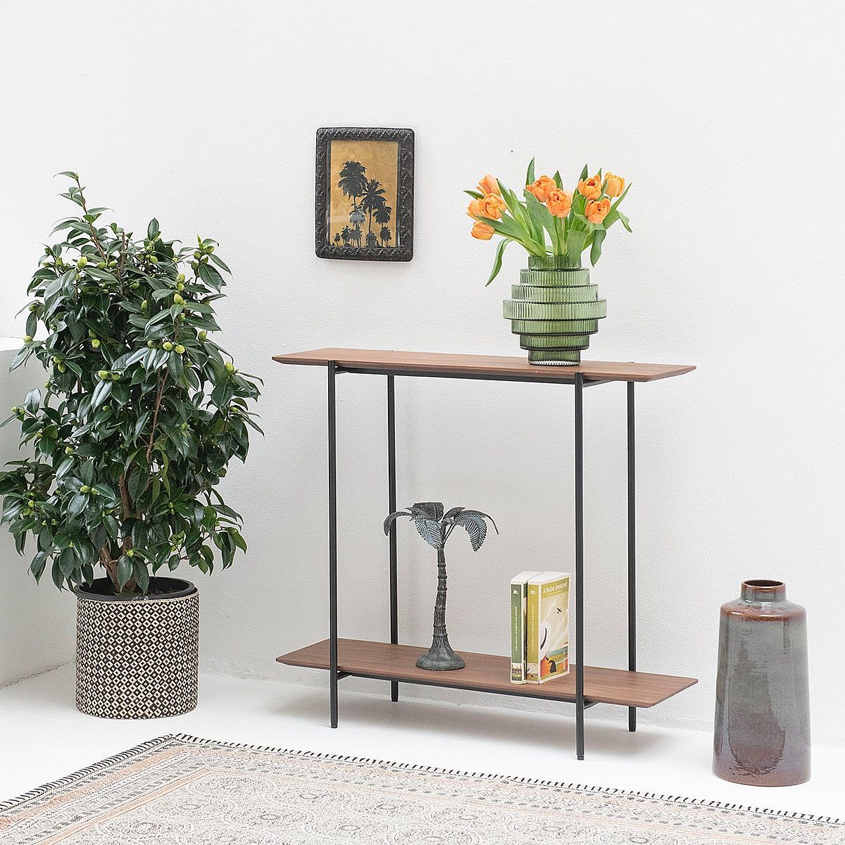 Console plaqué noyer et pieds métal