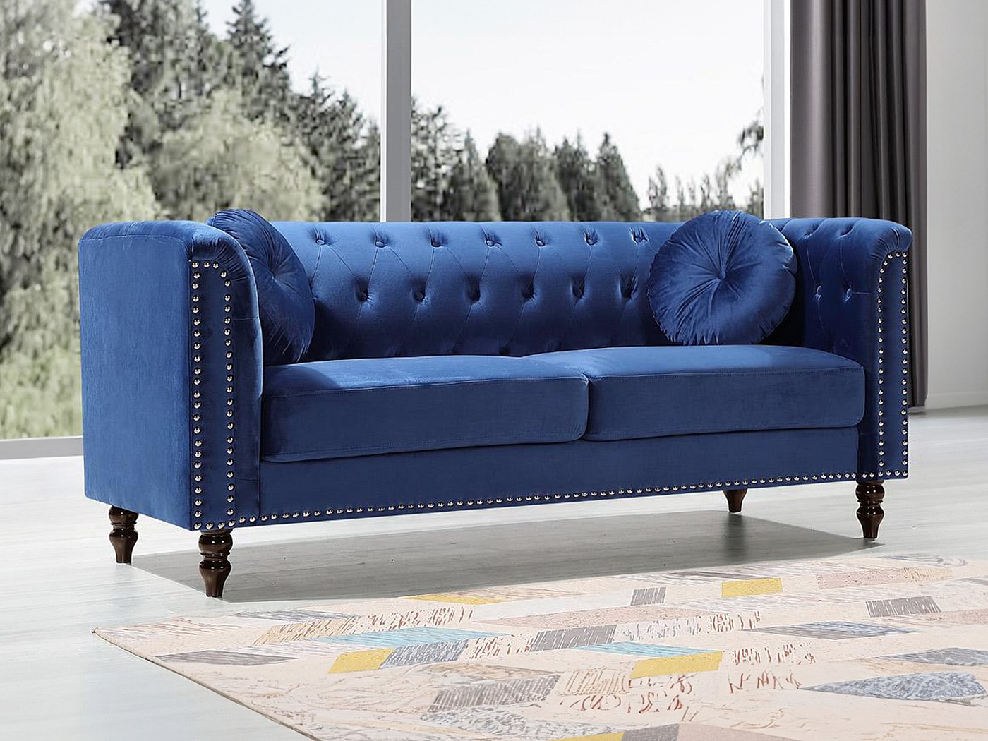 Canapé 3 places en velours bleu roi style charme TURNER
