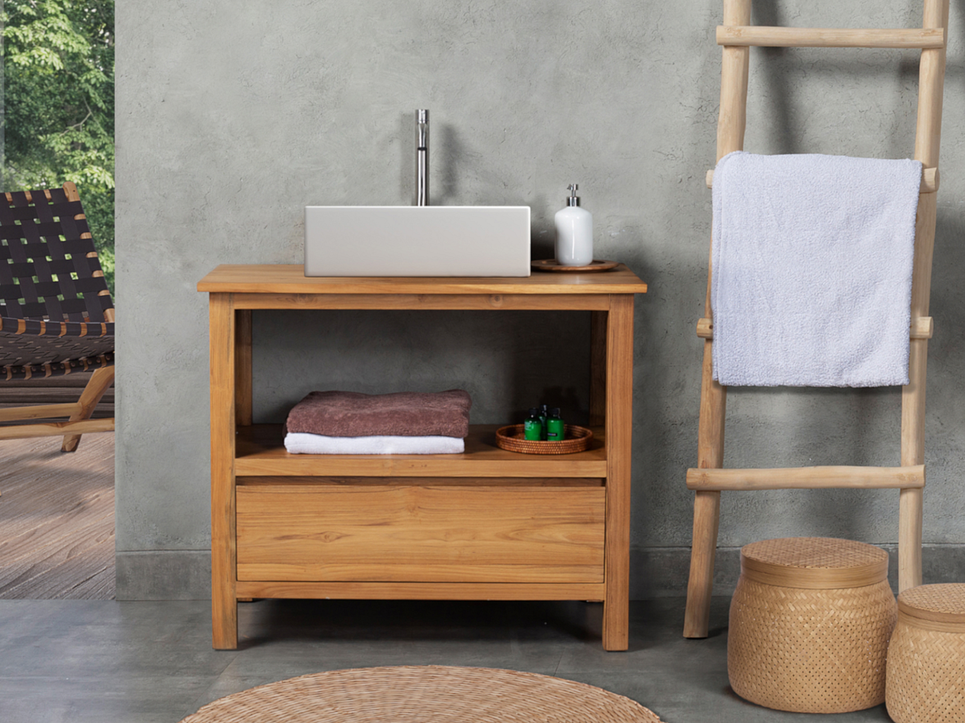 Meuble de salle de bain en teck avec simple vasque - Dimensions 90 x 55 ...