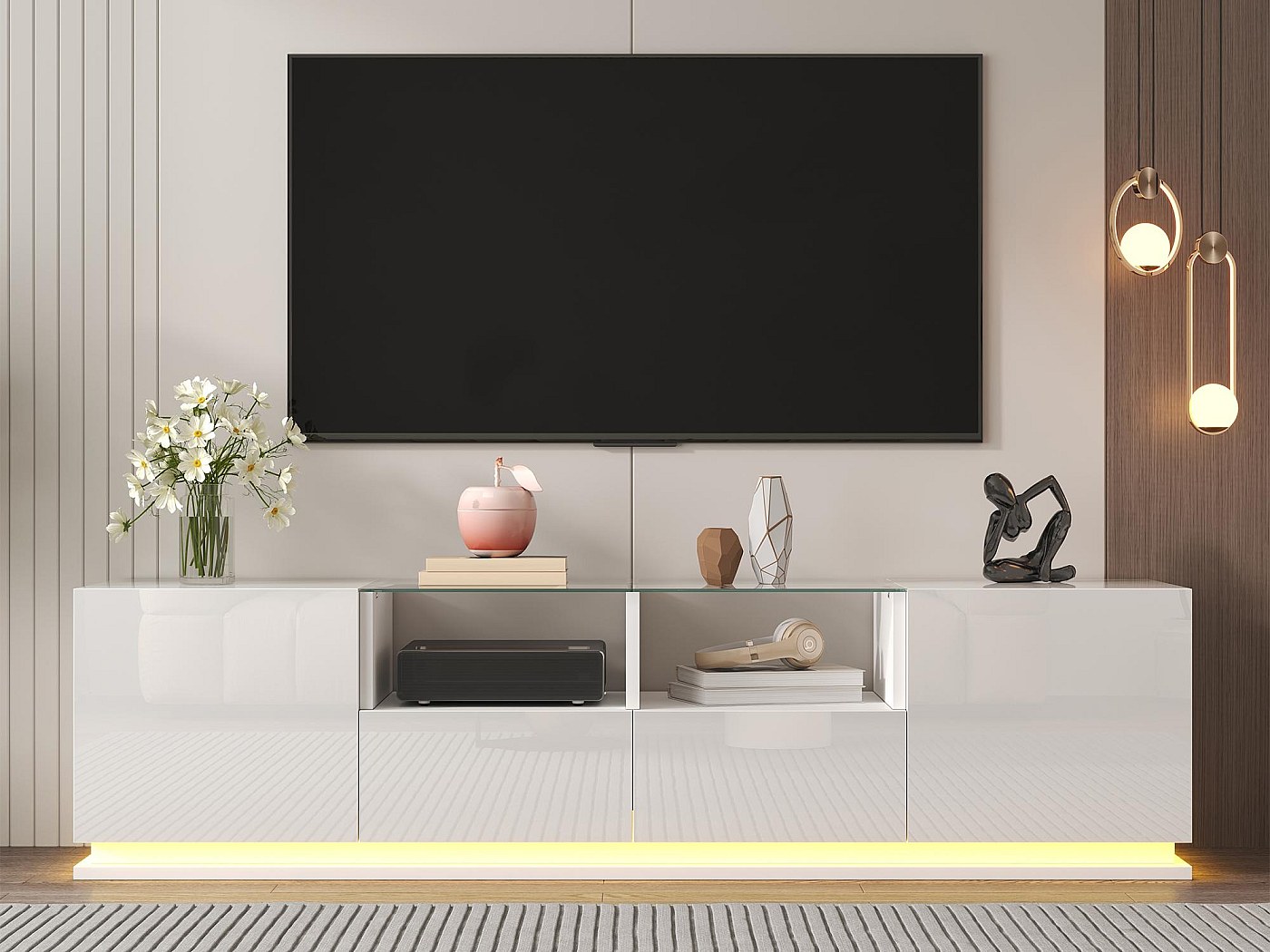 Meuble TV 165cm avec lumières LED colorées- 2 tiroirs 2 portes et 2 ...