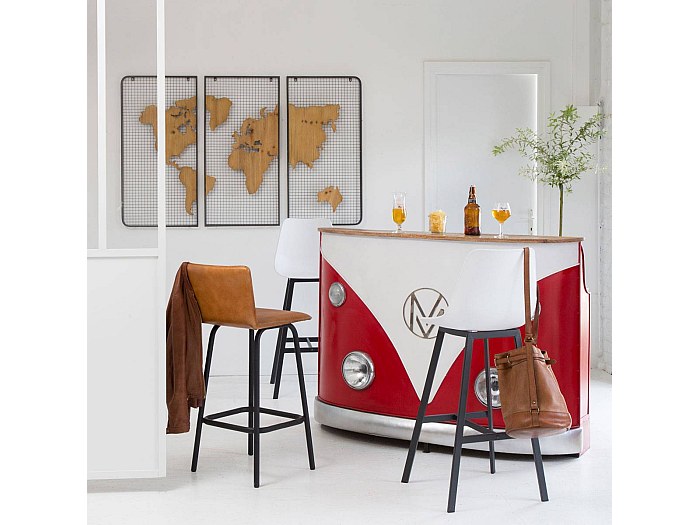 Mueble bar vintage rojo de metal y madera de mango con almacenamiento