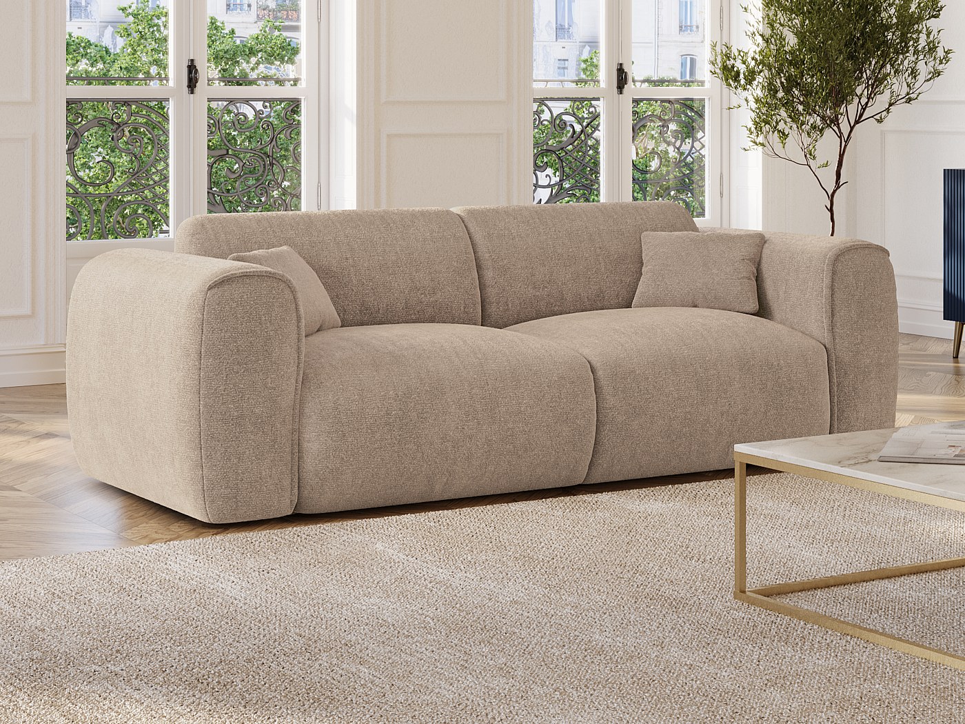 Sofa 3-Sitzer mit Matratze - Struktursamt - Beige - POGNIA günstig und ...
