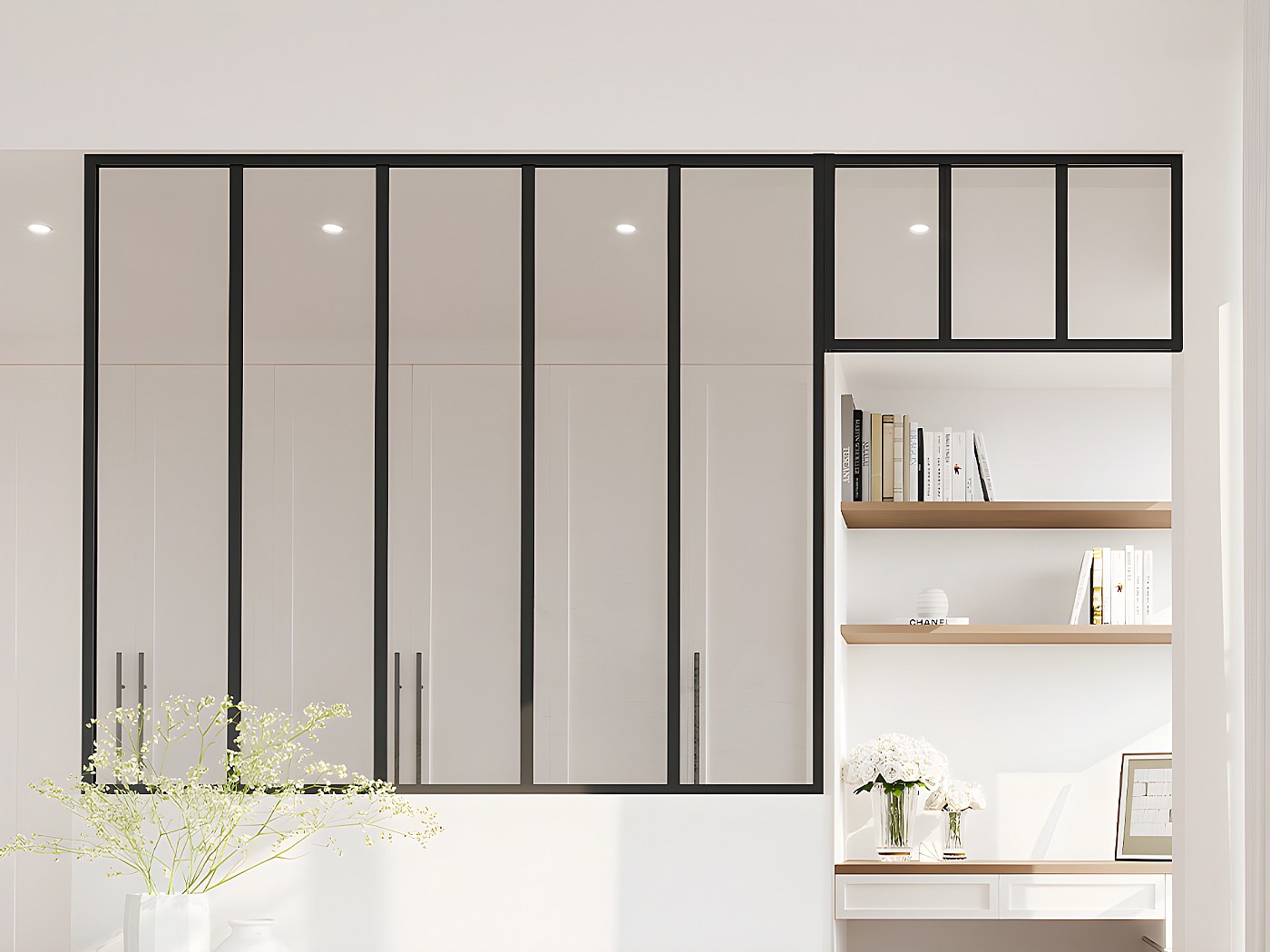 Cristalera estilo taller con travesaño, Ancho 150 x Alt. 130 + Ancho 73 x Alt. 40 cm, Negro, BAYVIEW